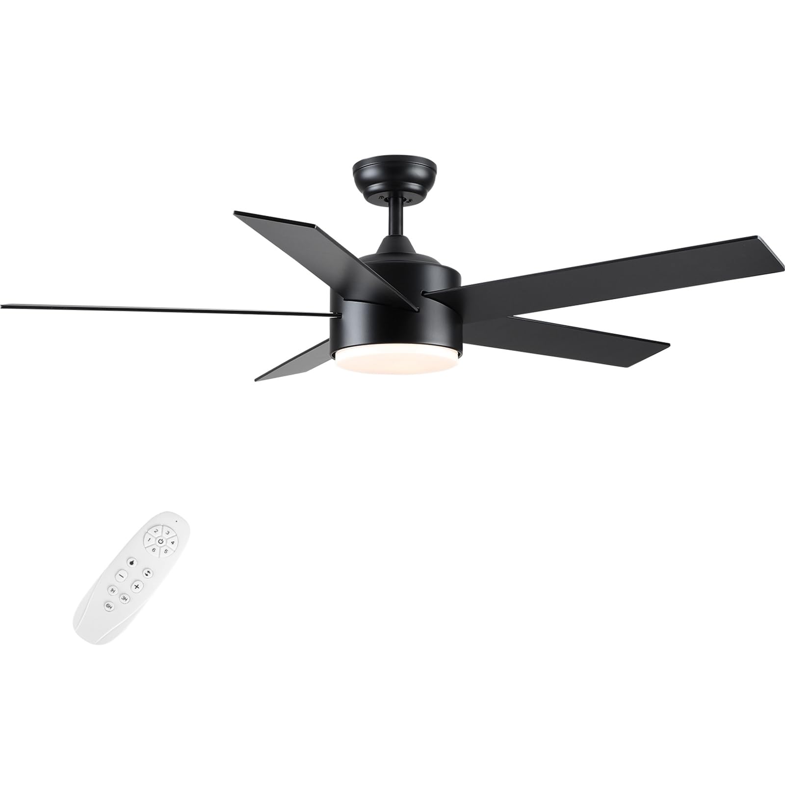 POCHFAN 52 inch Black Ceiling Fans with Lights and Remote Control, Quiet Modern Ceiling Fan for Bedroom, Living Room, Dining Room, Dimmable 3-Color Temperatures 6-Speed