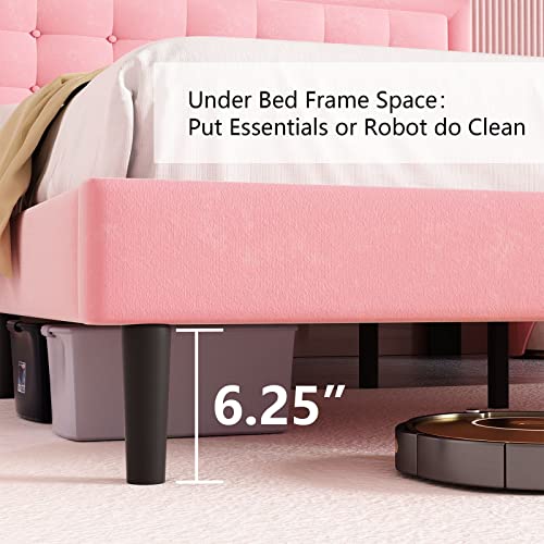 Lijimei Full Size Bed Frame with Button Tufted Headboard, Platform Upholstered in Velvet Fabric,Mattress Foundation with Wooden Slats Support, Easy Assembly, No Box Spring Needed, Pink Velvet