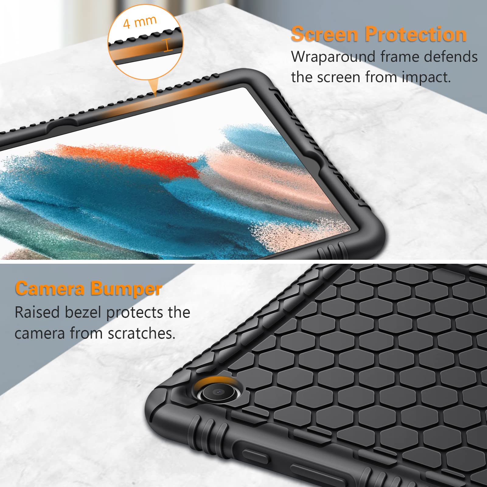 Fintie Silicone Case for Samsung Galaxy Tab A8 10.5 Inch 2022 Model (SM-X200/X205/X207), Honey Comb Series Kids Friendly Light Weight Shock Proof Protective Cover, Black