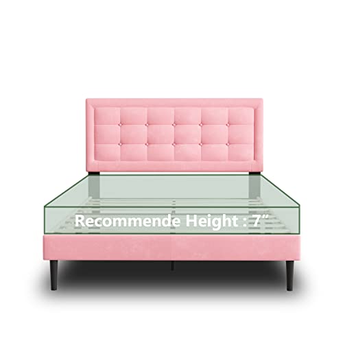 Lijimei Full Size Bed Frame with Button Tufted Headboard, Platform Upholstered in Velvet Fabric,Mattress Foundation with Wooden Slats Support, Easy Assembly, No Box Spring Needed, Pink Velvet