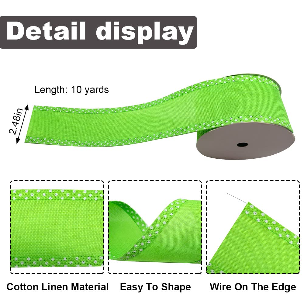 Green Wired Edge Ribbons 2.5" 10 Yards, Spring Solid Wired Edge Decoration Wired Ribbon Fabric Craft Ribbon Burlap Wrapping Ribbon for Holiday Party Wrapping DIY Craft Wedding Decoration Wreaths Bow