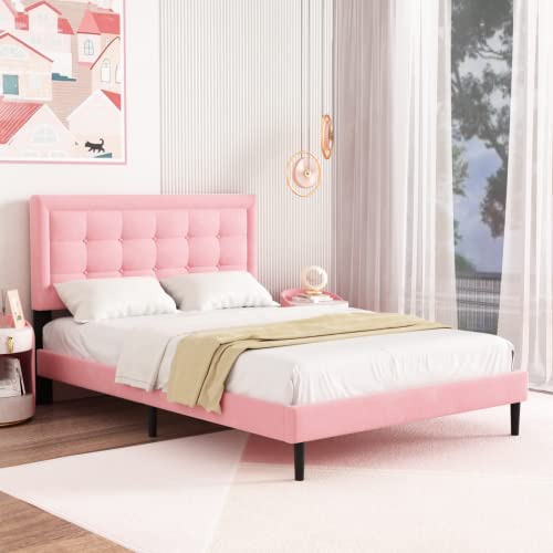 Lijimei Full Size Bed Frame with Button Tufted Headboard, Platform Upholstered in Velvet Fabric,Mattress Foundation with Wooden Slats Support, Easy Assembly, No Box Spring Needed, Pink Velvet