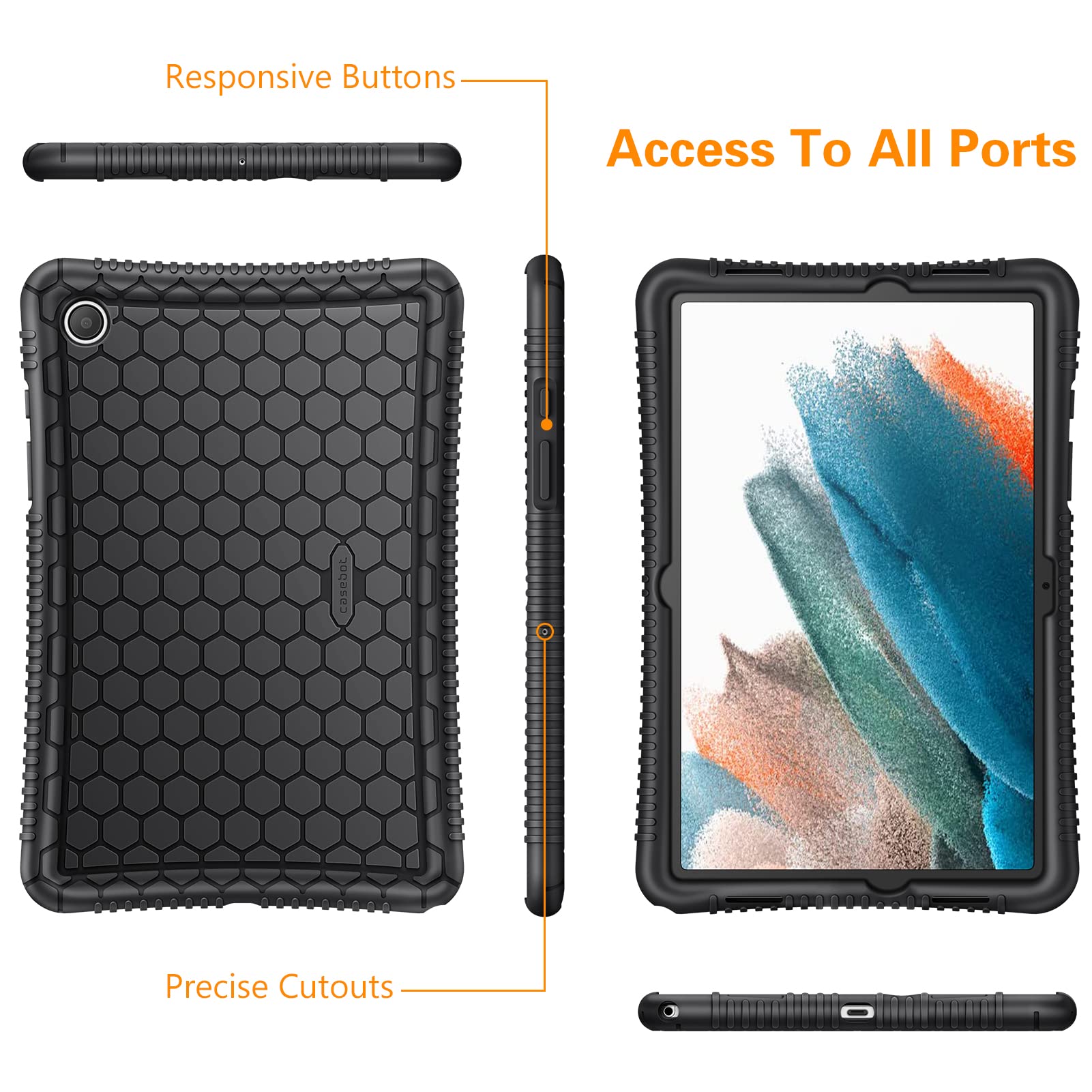 Fintie Silicone Case for Samsung Galaxy Tab A8 10.5 Inch 2022 Model (SM-X200/X205/X207), Honey Comb Series Kids Friendly Light Weight Shock Proof Protective Cover, Black
