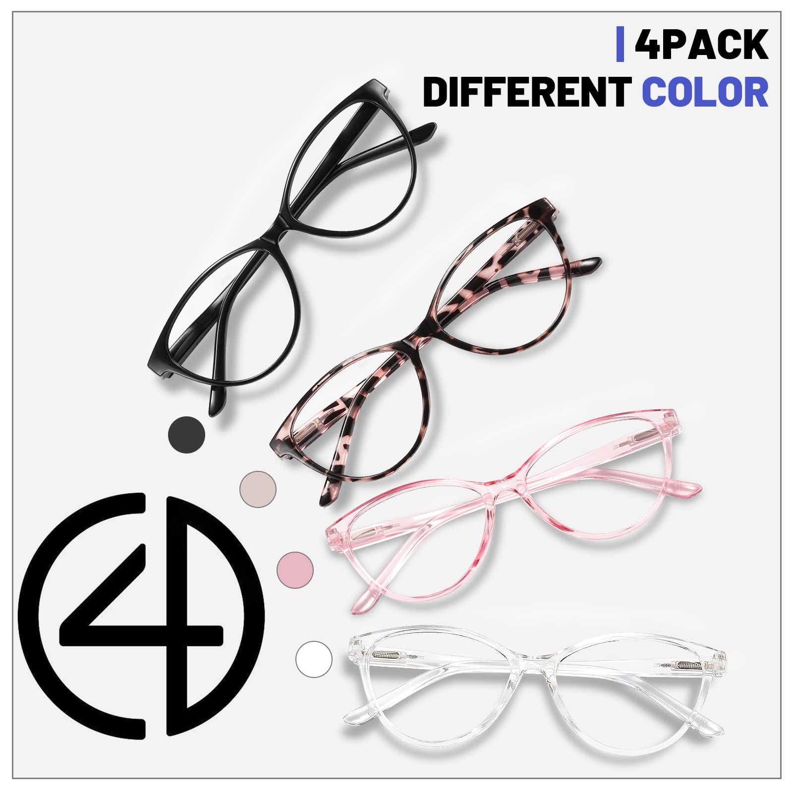 Przene 4 Pack Blue Light Blocking Reading Glasses,Cat Eye Reading Glasses With Spring Hinge Reader For Women/Men.(MIXED COLOR-C1, 2.0)