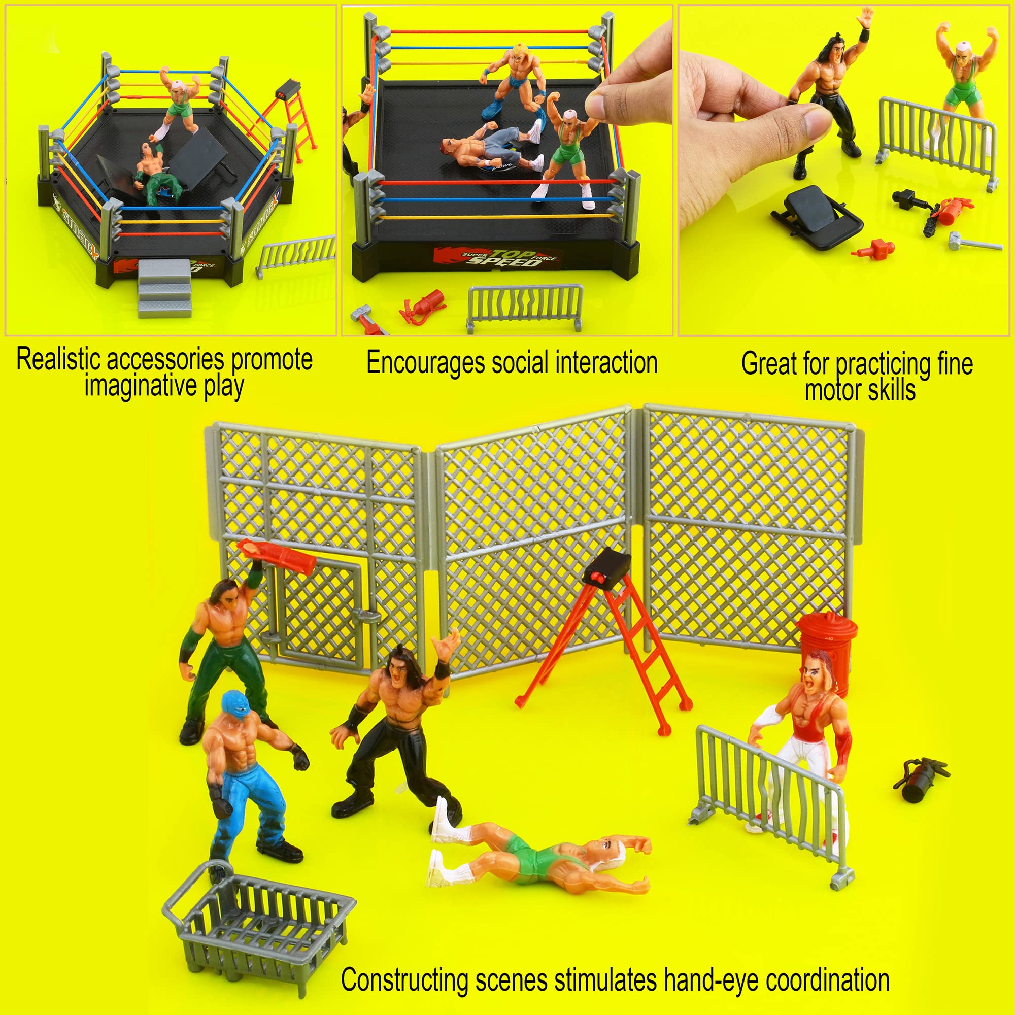 JDS Toy Store 32-Piece Mini Wrestling Playset with Action Figures and Accessories - Kids Toy with Realistic Wrestlers - 2 Rings Included