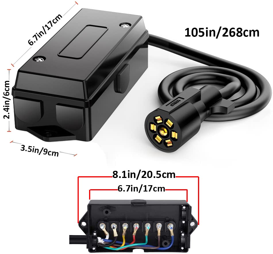 Posris 7 Way Trailer Plug Inline Trailer Cord with Junction Box for RV Trailers, Campers, Caravans, Food Trucks