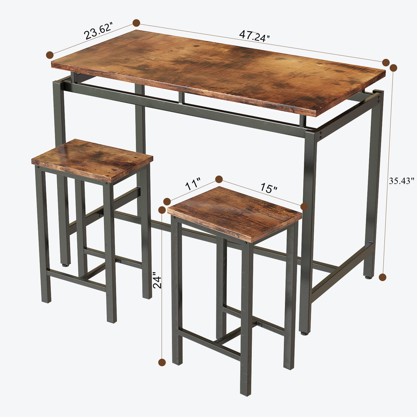 AWQM Bar Table and Stools Set, Rectangle Dining Table Set for 4, Industrial Counter Height Kitchen Bar Table and Chairs Set for Breakfast Nook, Restaurant, Apartment, Small Spaces - Rustic Brown
