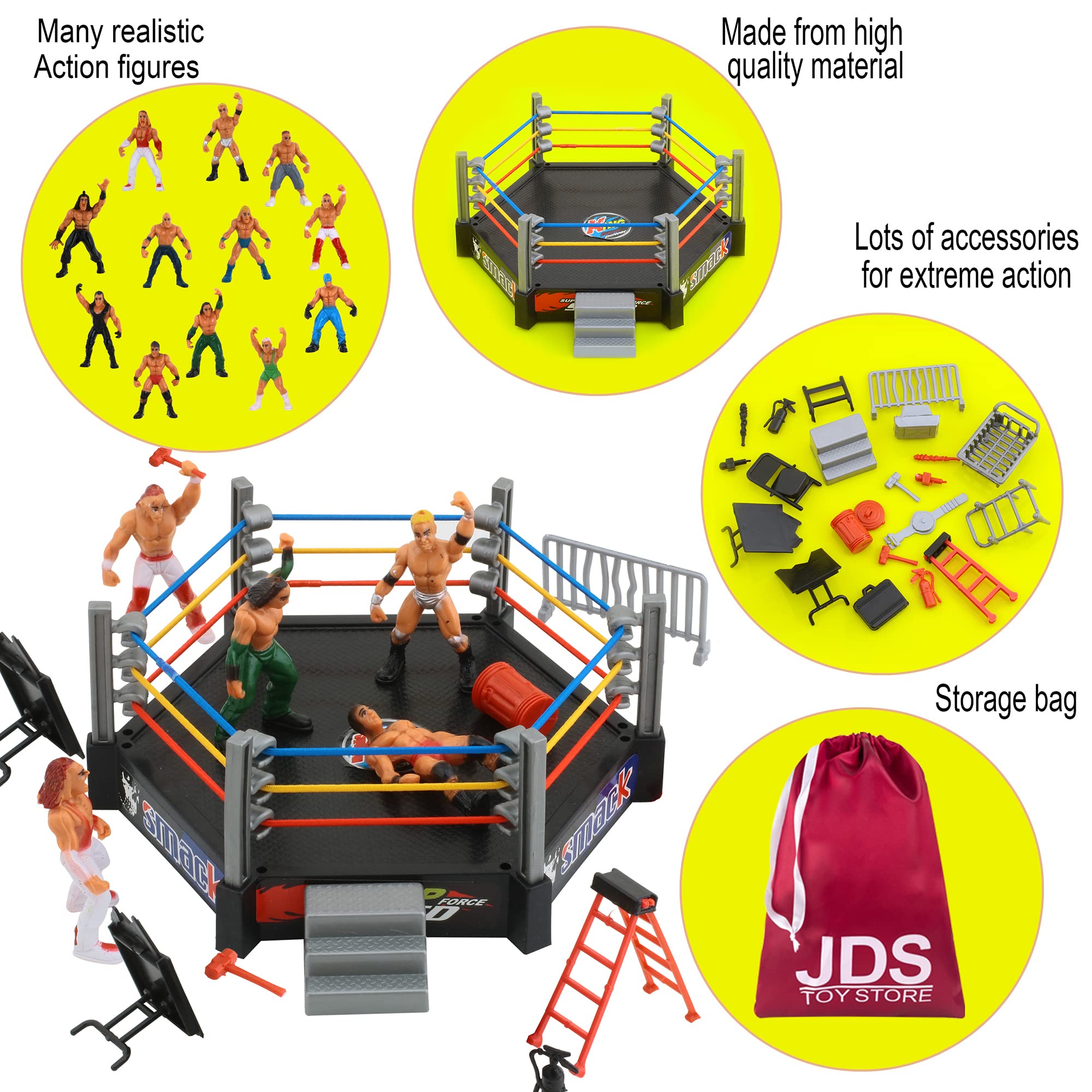 JDS Toy Store 32-Piece Mini Wrestling Playset with Action Figures and Accessories - Kids Toy with Realistic Wrestlers - 2 Rings Included