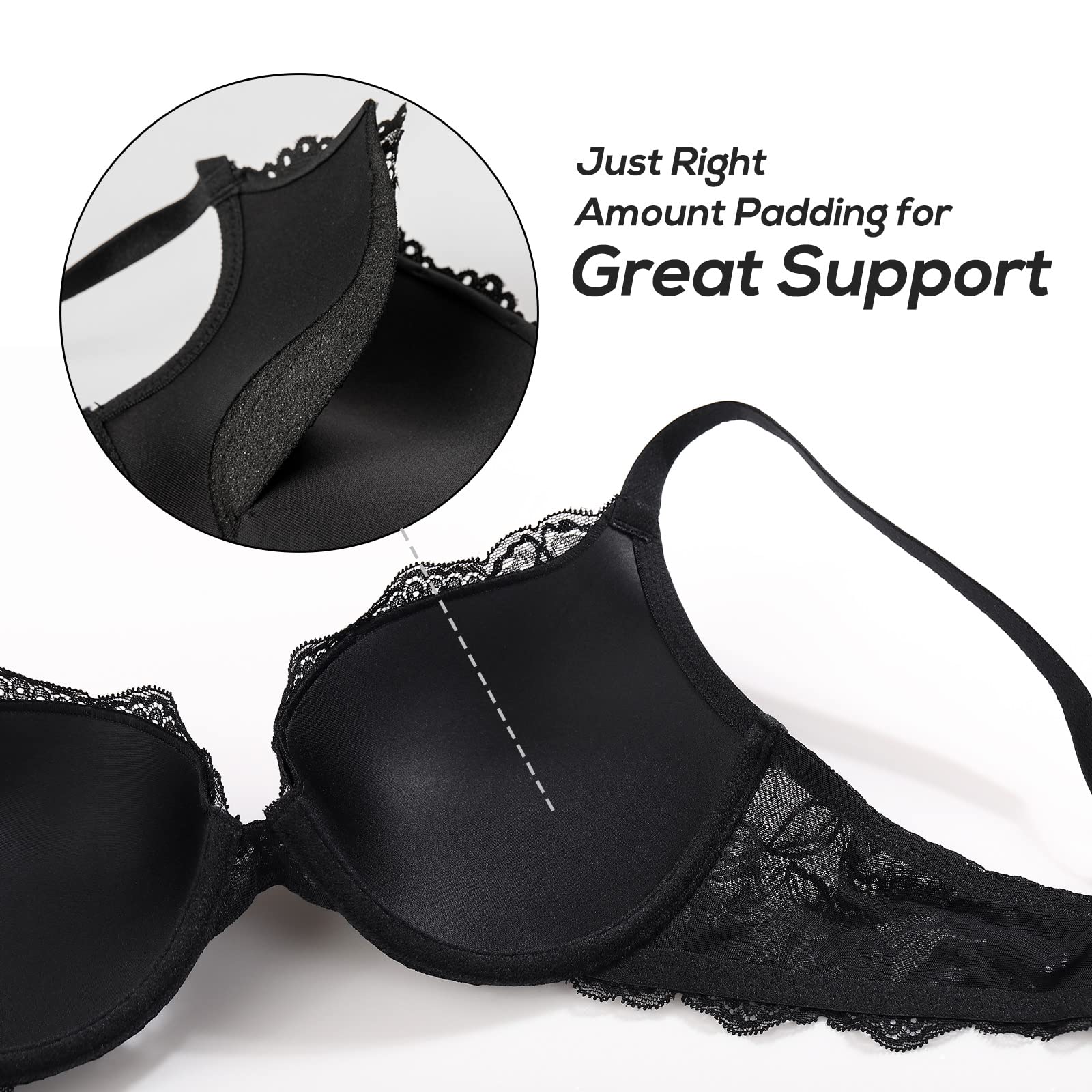 DOBREVA Women's Push Up Lace Bra Underwire Plunge Full Coverage Bras Sexy Plus Size Support Black 40B