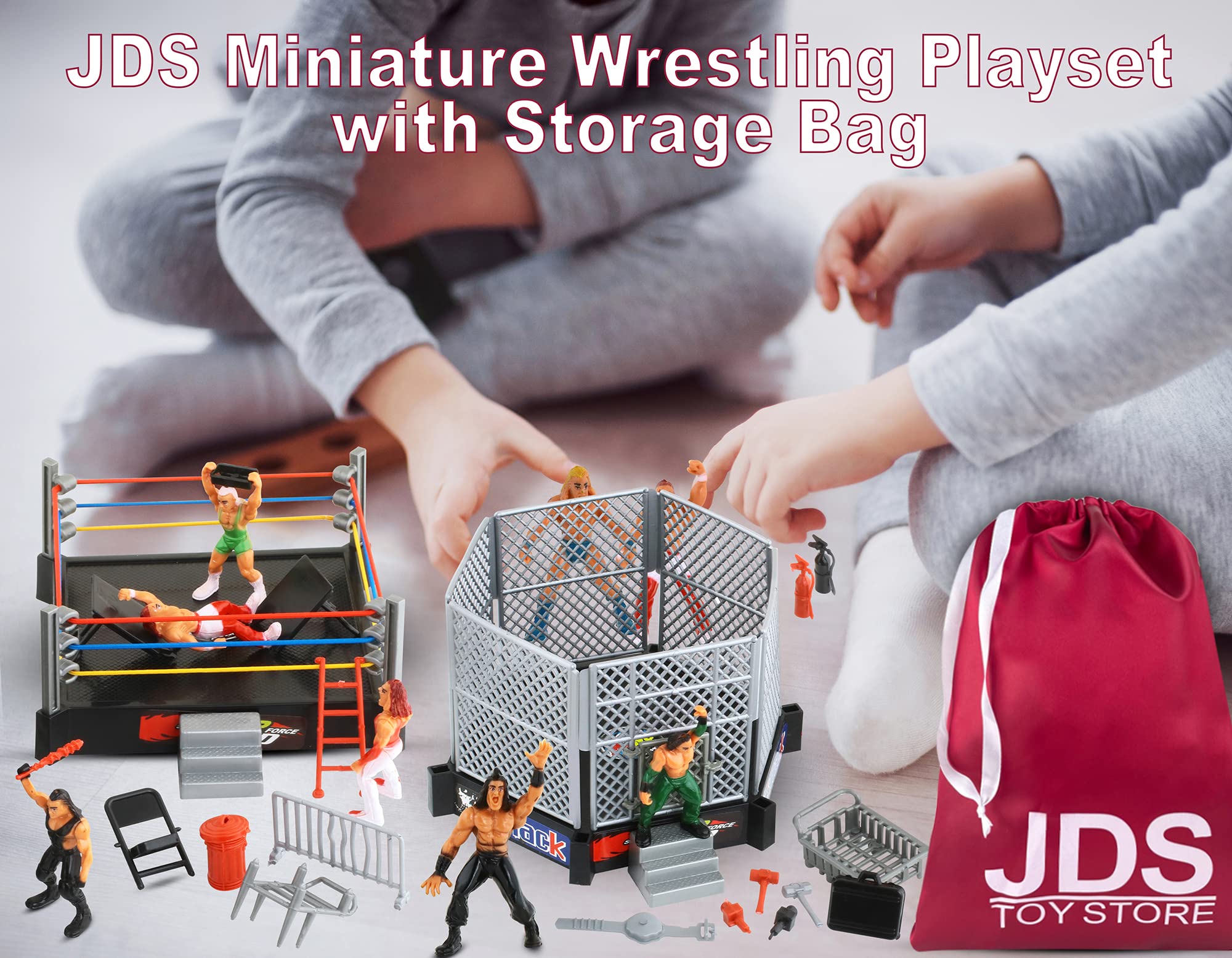 JDS Toy Store 32-Piece Mini Wrestling Playset with Action Figures and Accessories - Kids Toy with Realistic Wrestlers - 2 Rings Included