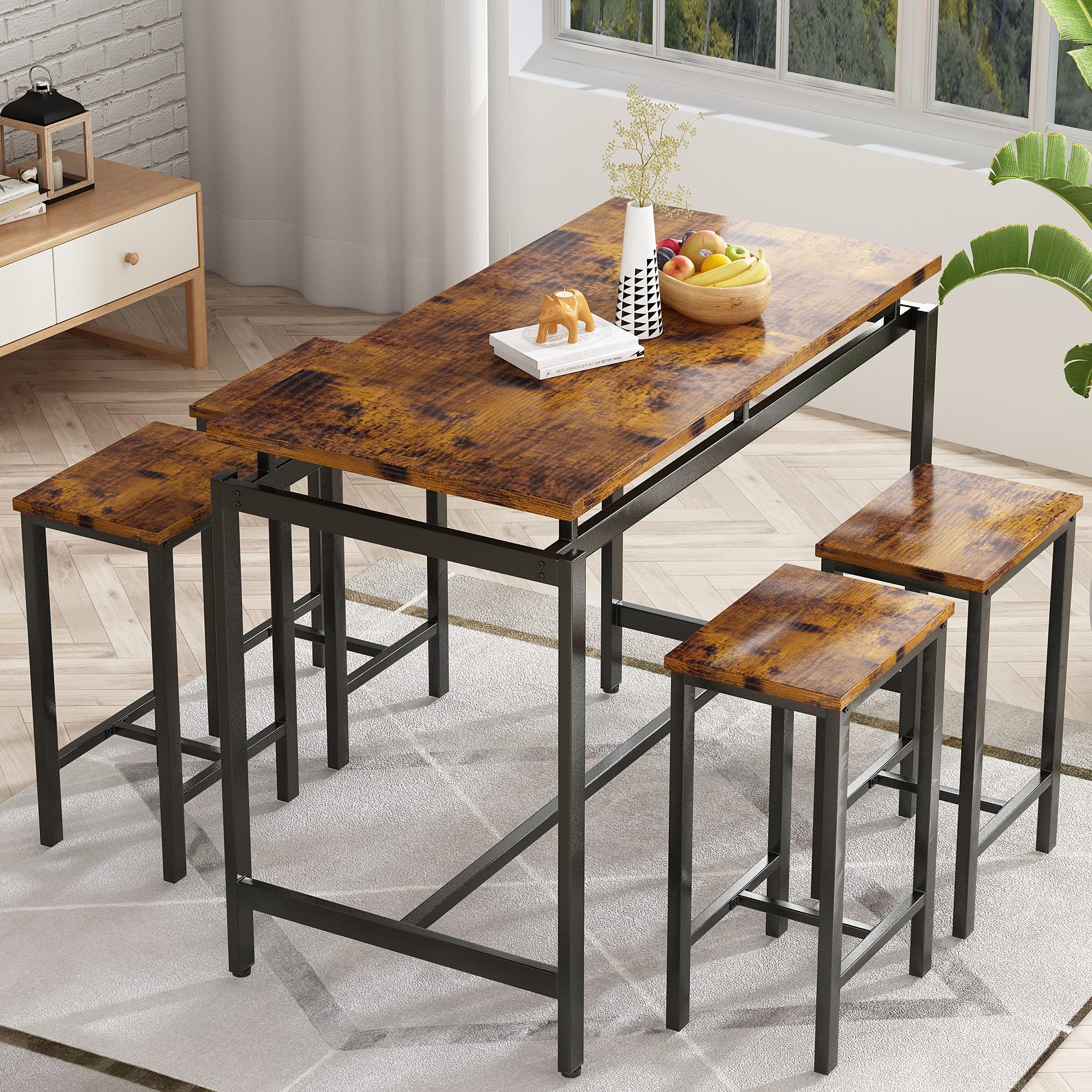 AWQM Bar Table and Stools Set, Rectangle Dining Table Set for 4, Industrial Counter Height Kitchen Bar Table and Chairs Set for Breakfast Nook, Restaurant, Apartment, Small Spaces - Rustic Brown