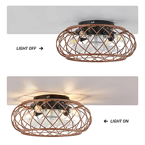 17'' Low Profile Caged Ceiling Fan with Lights Remote Control, Metal Flush Mount Indoor, 3 Speeds Adjustable, Small Industrial Ceiling Fan with Light for Living Room, Kitchen, Bedroom