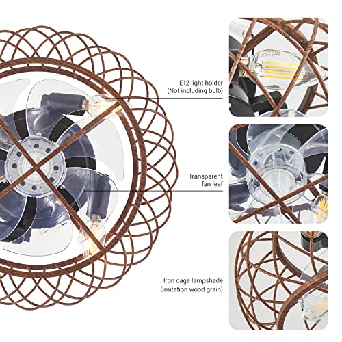 17'' Low Profile Caged Ceiling Fan with Lights Remote Control, Metal Flush Mount Indoor, 3 Speeds Adjustable, Small Industrial Ceiling Fan with Light for Living Room, Kitchen, Bedroom