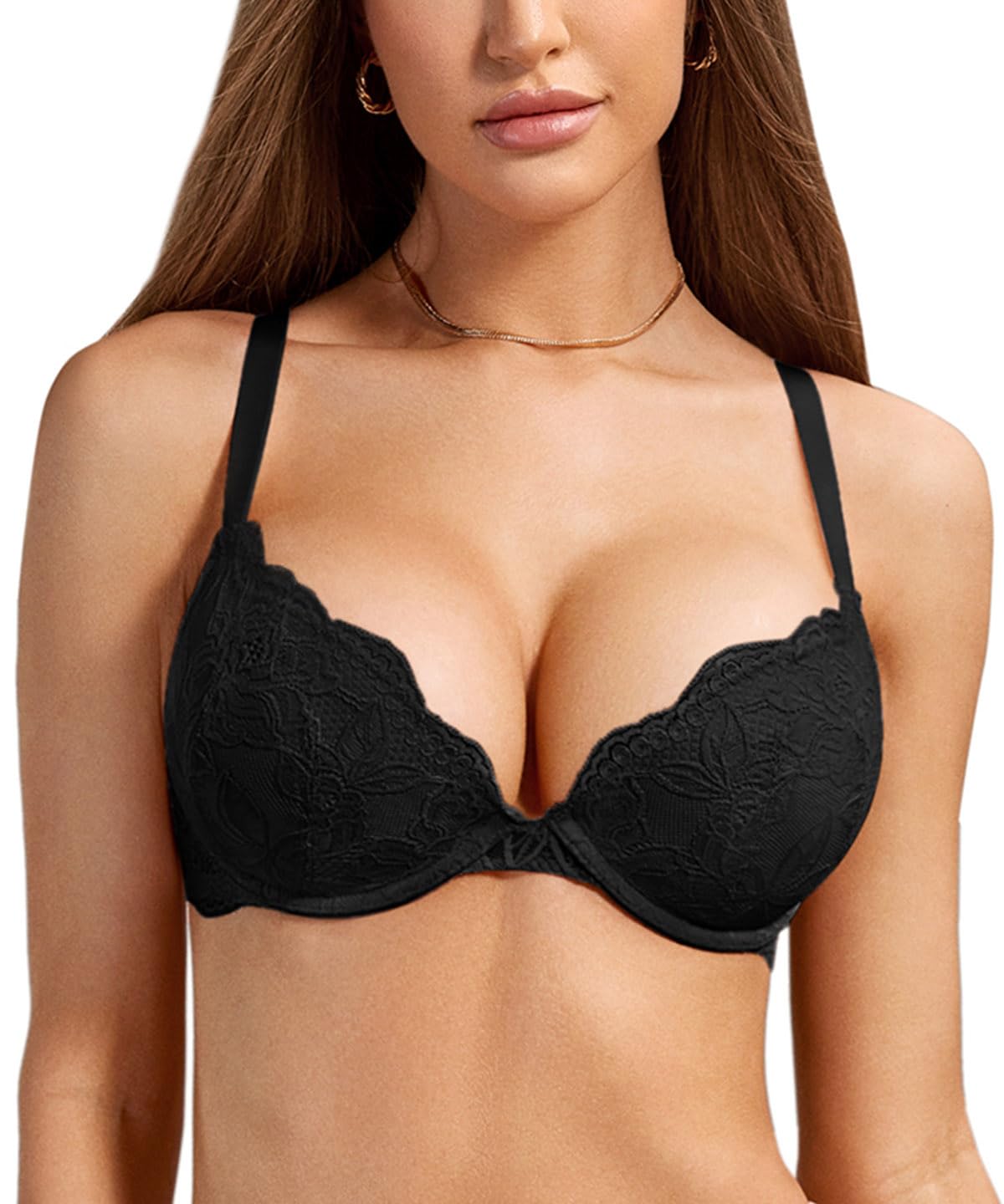 DOBREVA Women's Push Up Lace Bra Underwire Plunge Full Coverage Bras Sexy Plus Size Support Black 40B