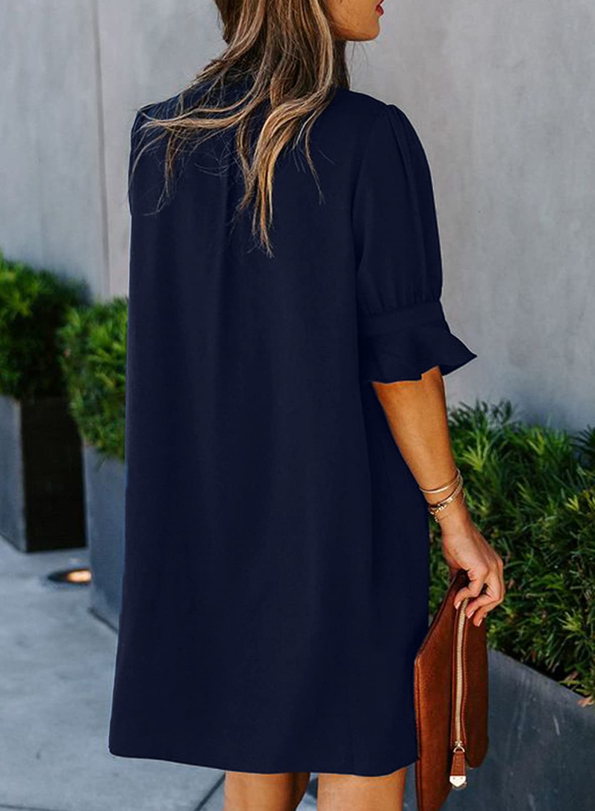 QACOHU Summer Dresses for Women 2025 Ruffle Sleeves Split V-Neck Straight Fit Solid Color Slim Dress Blue M