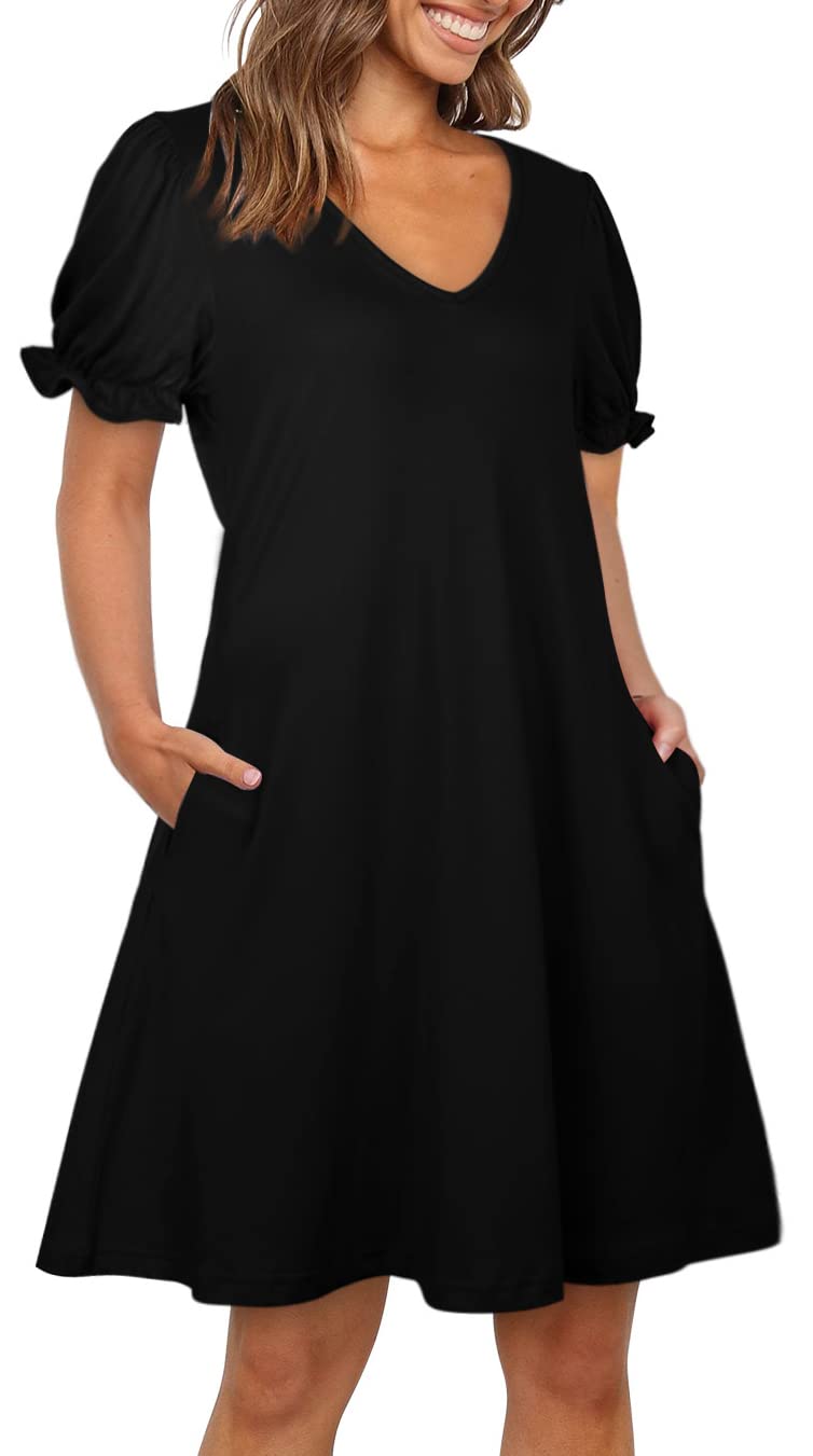 Aloodor Dresses for Women 2025 V Neck Puff Sleeve Summer Dress Ladies Black L