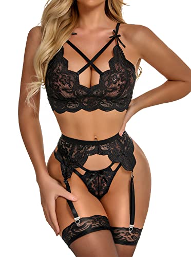 Aranmei Sexy Crisscross Lingerie Set,3PCS,Lace Bra Panty,Garter Belts,Naughty Lingerie,Stockings Not Included,Black M