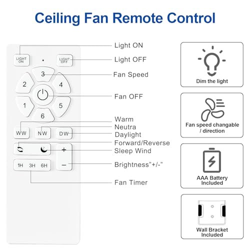 Wellspeed Ceiling Fans with Lights and Remote, 48 Inch Ceiling Fan with Reversible Blades, Quiet Motor, Modern Ceiling Fan for Living Room, Bedroom, Patios, Dining Room (Black, 48 Inch)