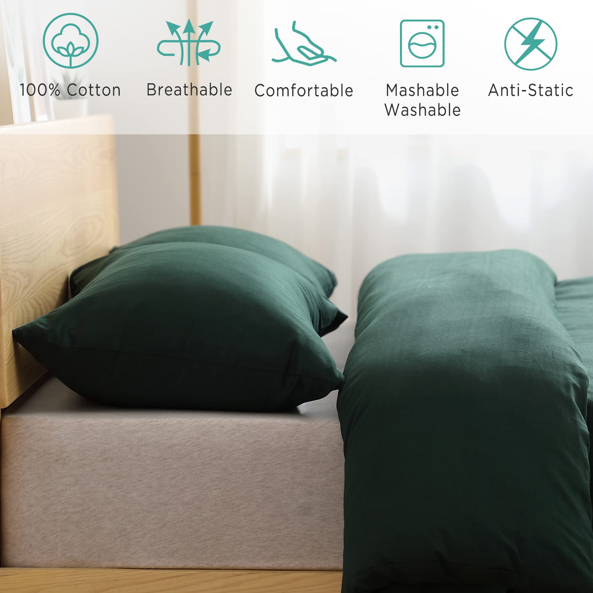 ATsense Duvet Cover King Size, 100% Cotton Linen Feel Super Soft Comfortable, 3-Piece Dark Green Duvet Cover Bedding Set, Durable and Easy Care, Simple Style Farmhouse Comforter Cover