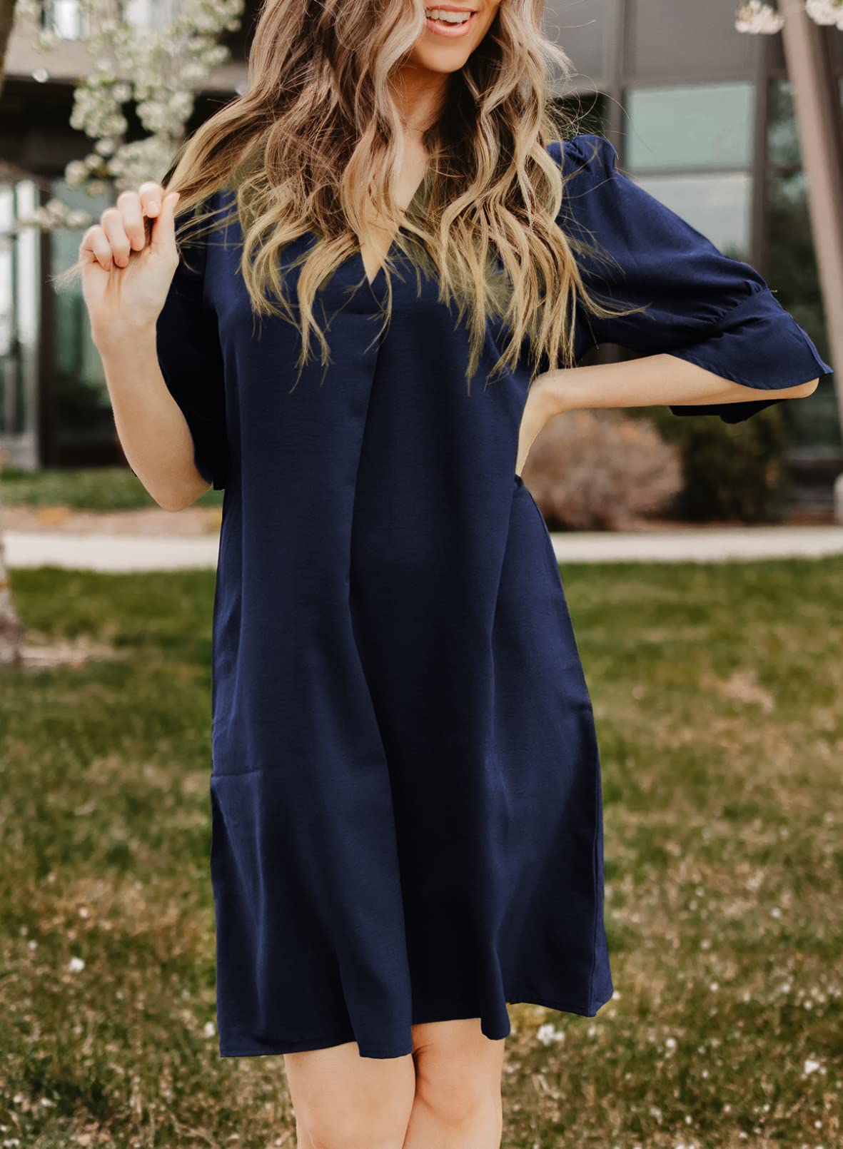 QACOHU Summer Dresses for Women 2025 Ruffle Sleeves Split V-Neck Straight Fit Solid Color Slim Dress Blue M