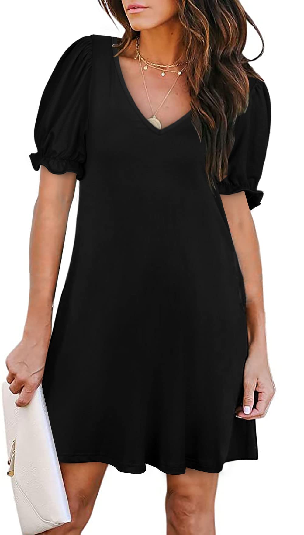 Aloodor Dresses for Women 2025 V Neck Puff Sleeve Summer Dress Ladies Black L
