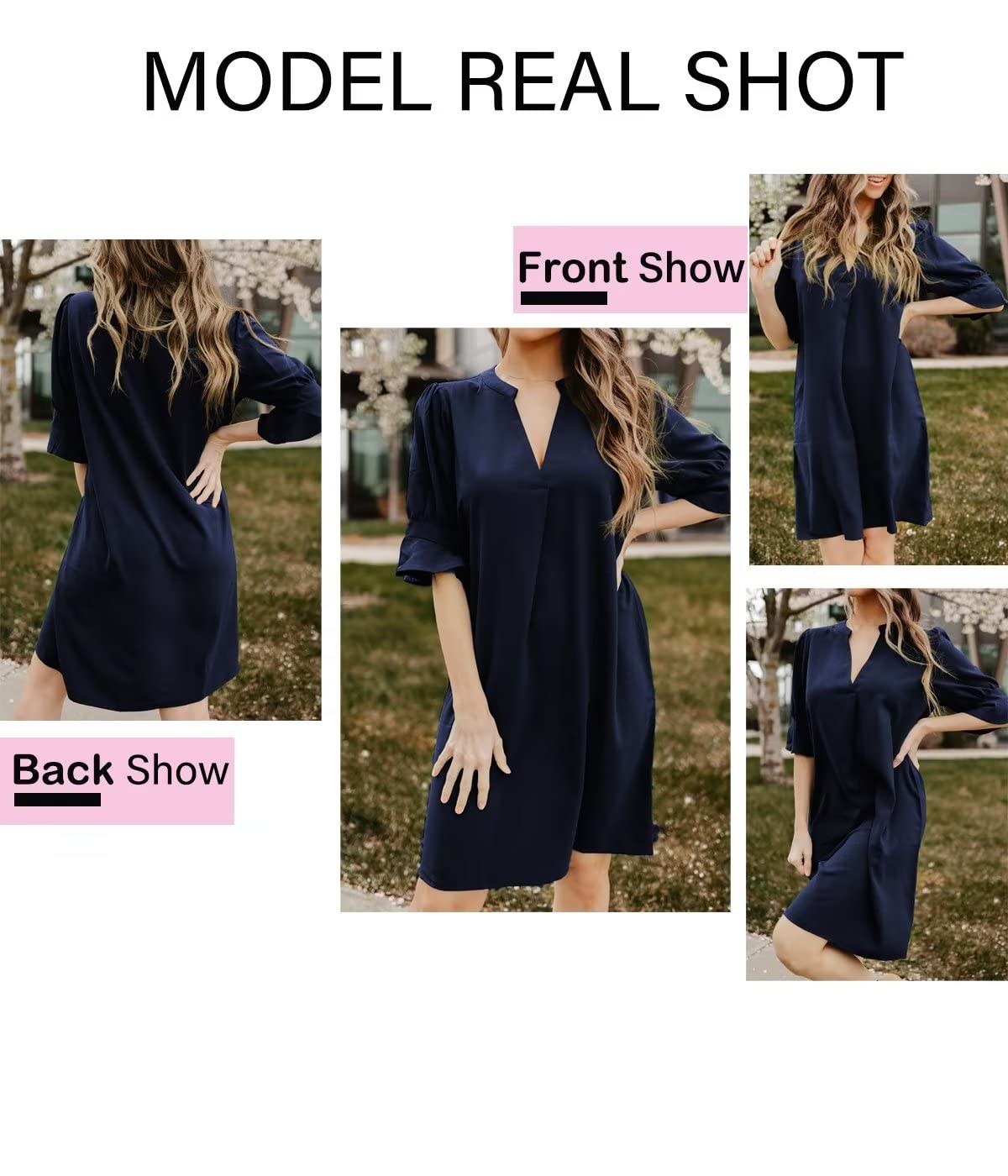 QACOHU Summer Dresses for Women 2025 Ruffle Sleeves Split V-Neck Straight Fit Solid Color Slim Dress Blue M
