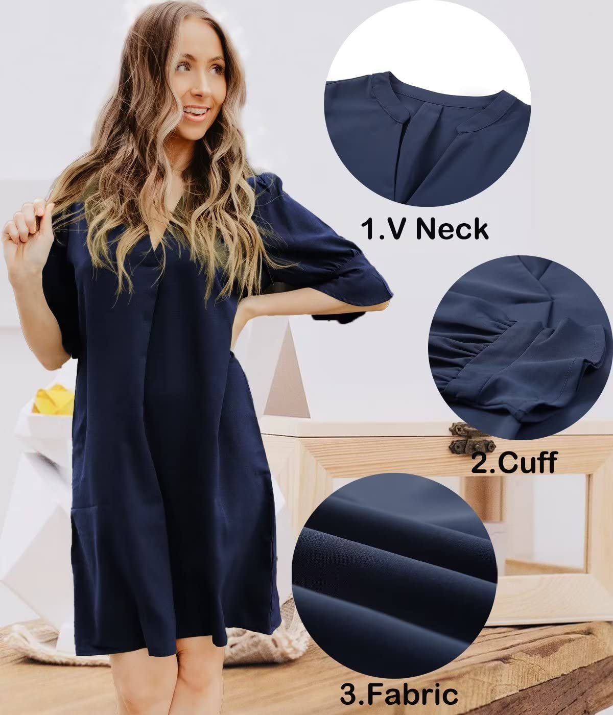 QACOHU Summer Dresses for Women 2025 Ruffle Sleeves Split V-Neck Straight Fit Solid Color Slim Dress Blue M