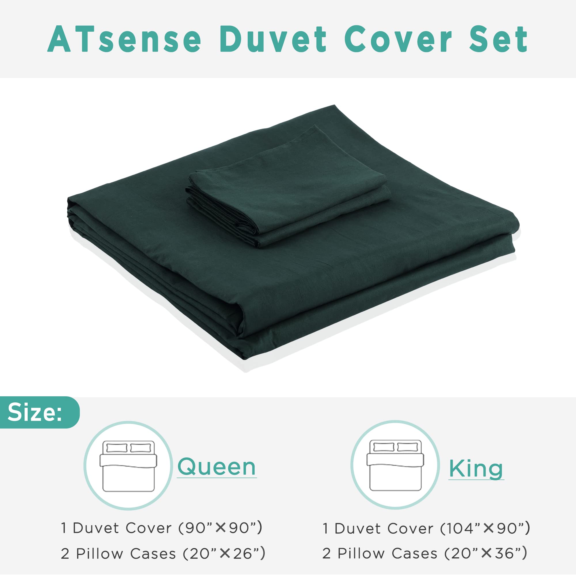 ATsense Duvet Cover King Size, 100% Cotton Linen Feel Super Soft Comfortable, 3-Piece Dark Green Duvet Cover Bedding Set, Durable and Easy Care, Simple Style Farmhouse Comforter Cover