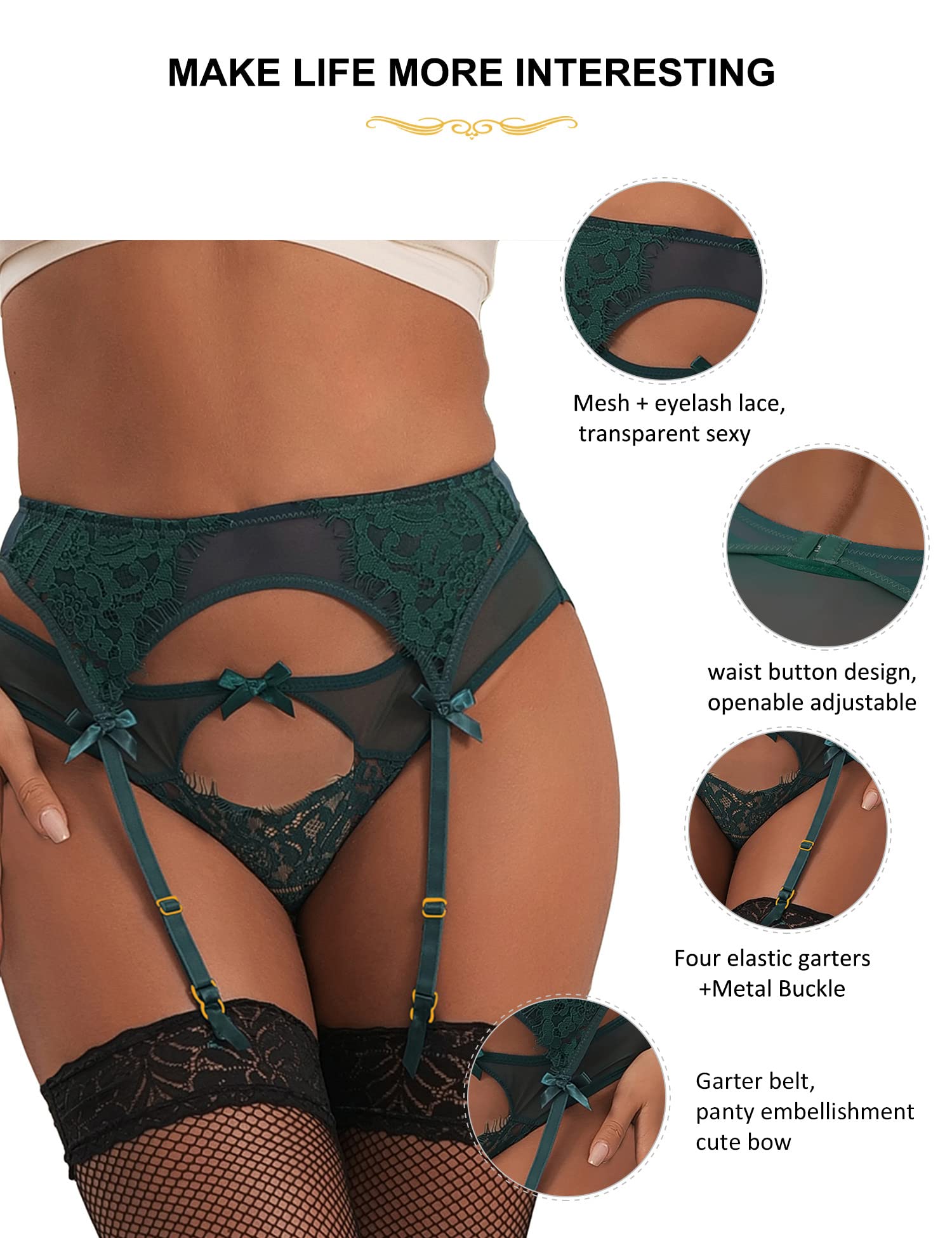 Garter Belts Plus Size Lace High Waisted Suspender Belt with 4 Metal Clip for Women's Stockings/Lingerie Green