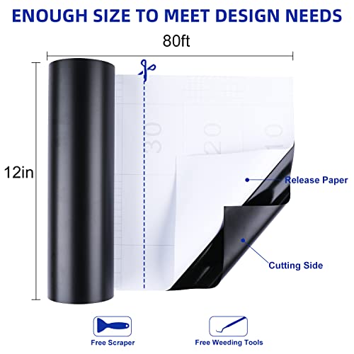 Black Permanent Vinyl Roll 12 Inches by 80 Feet Black Adhesive Vinyl Roll for Cricut, Silhouette, Cameo Cutters, Signs, Scrapbooking, Craft, Die Cutters