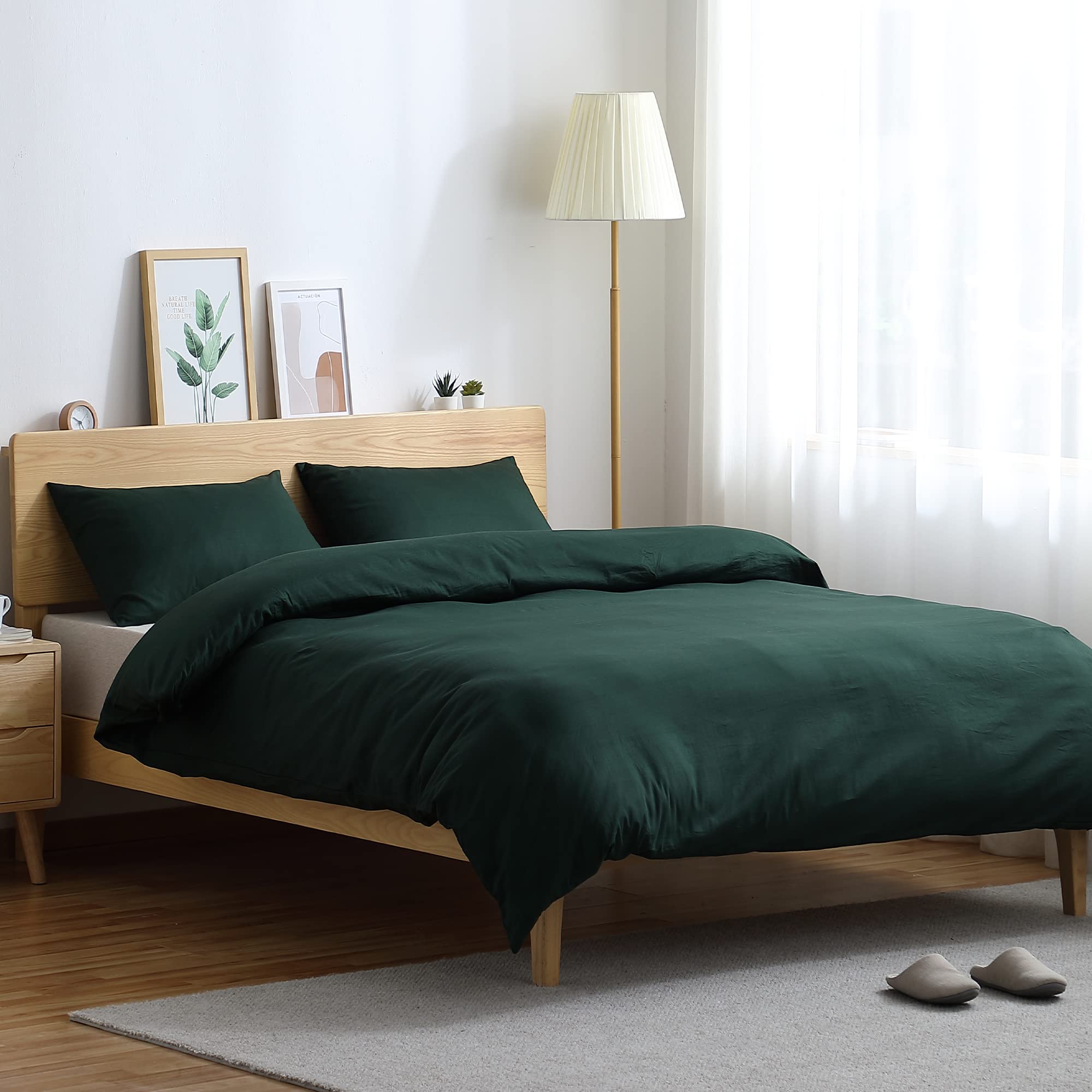 ATsense Duvet Cover Queen Size, 100% Cotton Linen Feel Super Soft Comfortable, 3-Piece Dark Green Duvet Cover Bedding Set, Durable and Easy Care, Simple Style Farmhouse Comforter Cover