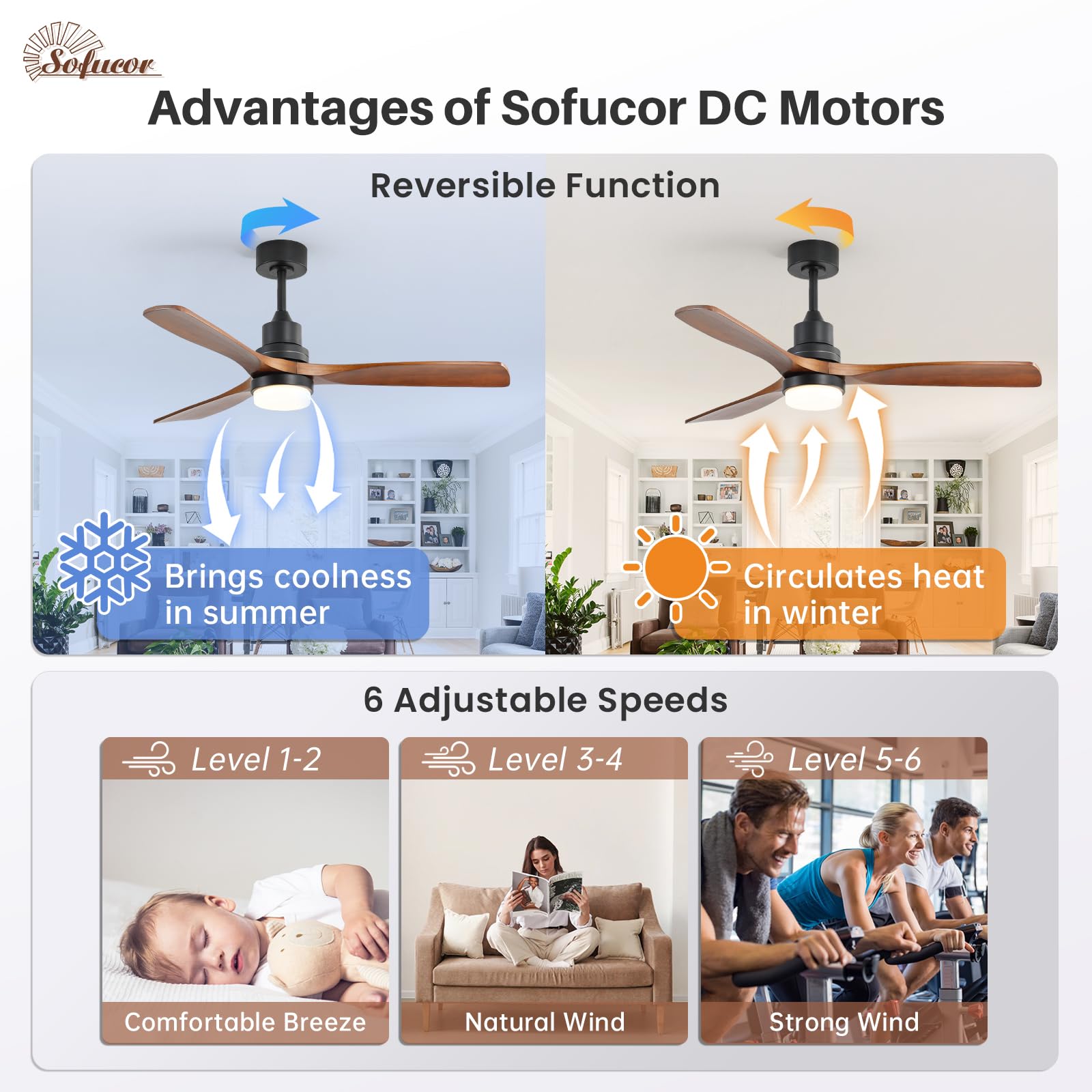 Sofucor 52 inch Solid Wood Ceiling Fan with Lights and Remote, Low Profile Brown Black Ceiling Fan with 3 Downrod, Outdoor Indoor Modern 3 Blade Ceiling Fan for Living Room Bedroom Farmhouse Patio