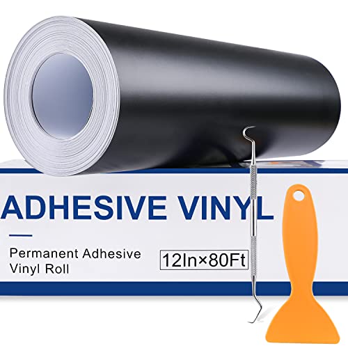 Black Permanent Vinyl Roll 12 Inches by 80 Feet Black Adhesive Vinyl Roll for Cricut, Silhouette, Cameo Cutters, Signs, Scrapbooking, Craft, Die Cutters