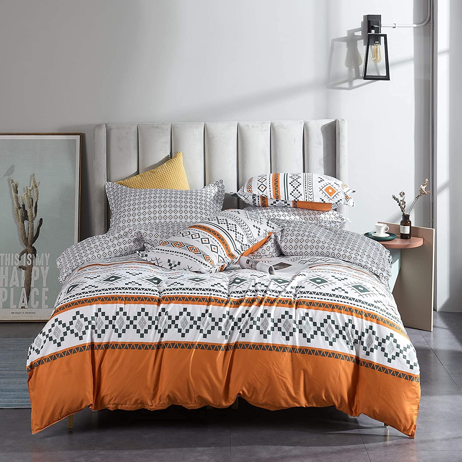 Gafance 3Pcs Aztec Geometric Pattern Duvet Cover Full Set, Folk Style White & Orange Bed Linen, Ultra Soft Comforter Cover with Zipper Closure, Farmhouse Quilt Cover 78 X 90 inches & 2 Pillow Shams