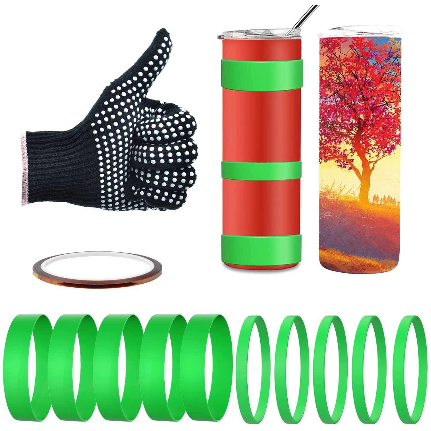 Sublimation Tumblers Silicone Bands Kit,Elastic Sublimation Blanks Ring Bands with Heat Resistant Gloves Tapes Press Parts Accessories for Cup Water Bottle Heat Skinny Tumbler
