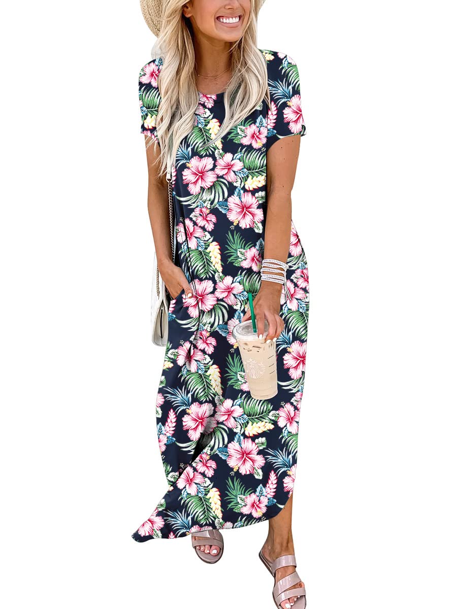 ANRABESS Women's Summer Casual Loose Short Sleeve Long T Shirt Dress Split Maxi Beach Sundress Travel Vacation Outfits Floral Print Medium