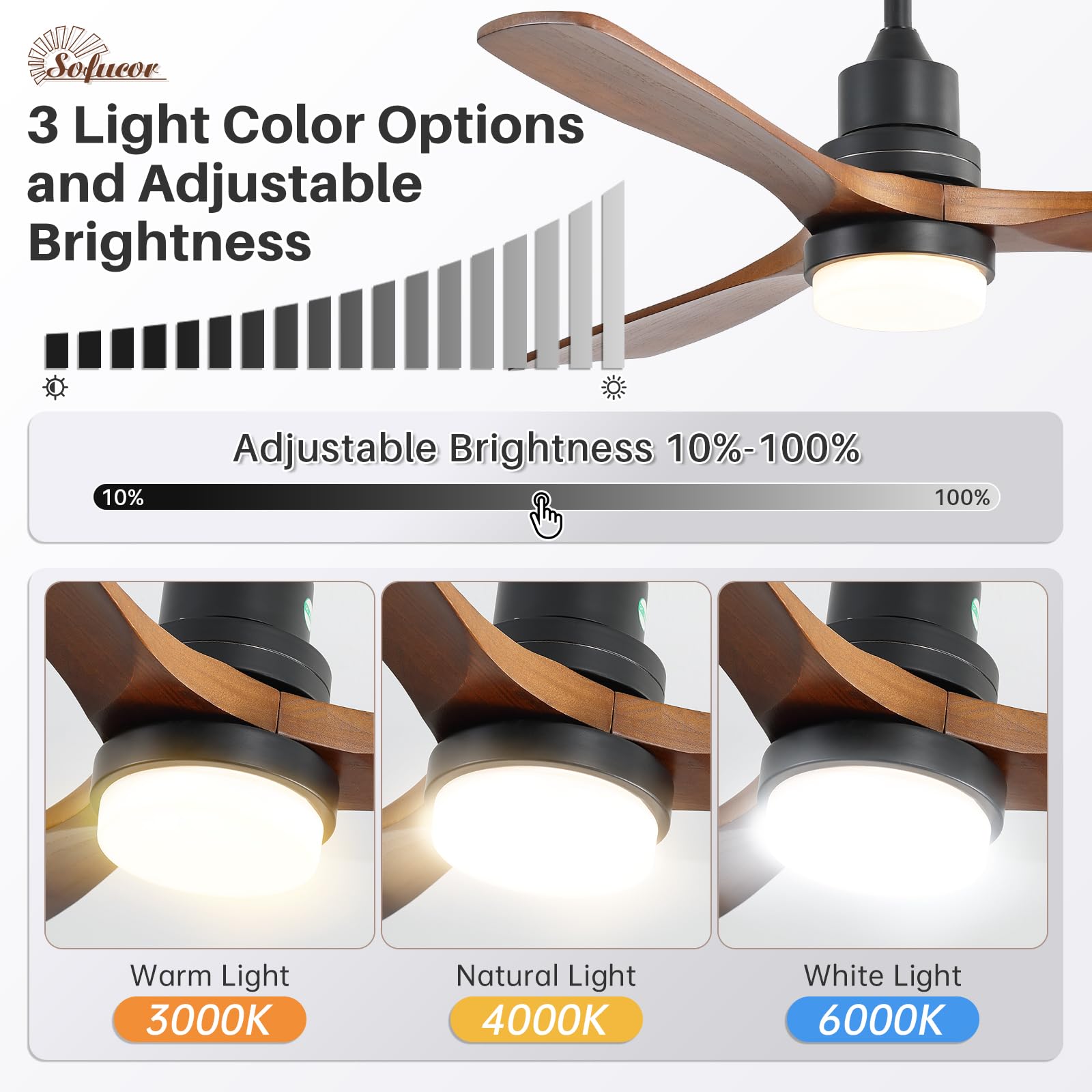 Sofucor 52 inch Solid Wood Ceiling Fan with Lights and Remote, Low Profile Brown Black Ceiling Fan with 3 Downrod, Outdoor Indoor Modern 3 Blade Ceiling Fan for Living Room Bedroom Farmhouse Patio