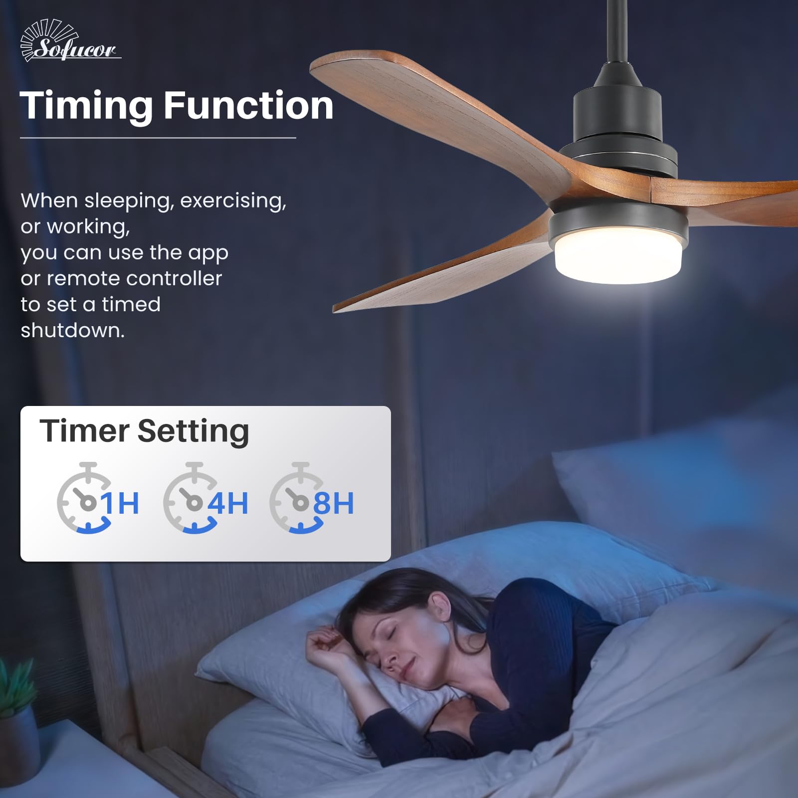 Sofucor 52 inch Solid Wood Ceiling Fan with Lights and Remote, Low Profile Brown Black Ceiling Fan with 3 Downrod, Outdoor Indoor Modern 3 Blade Ceiling Fan for Living Room Bedroom Farmhouse Patio