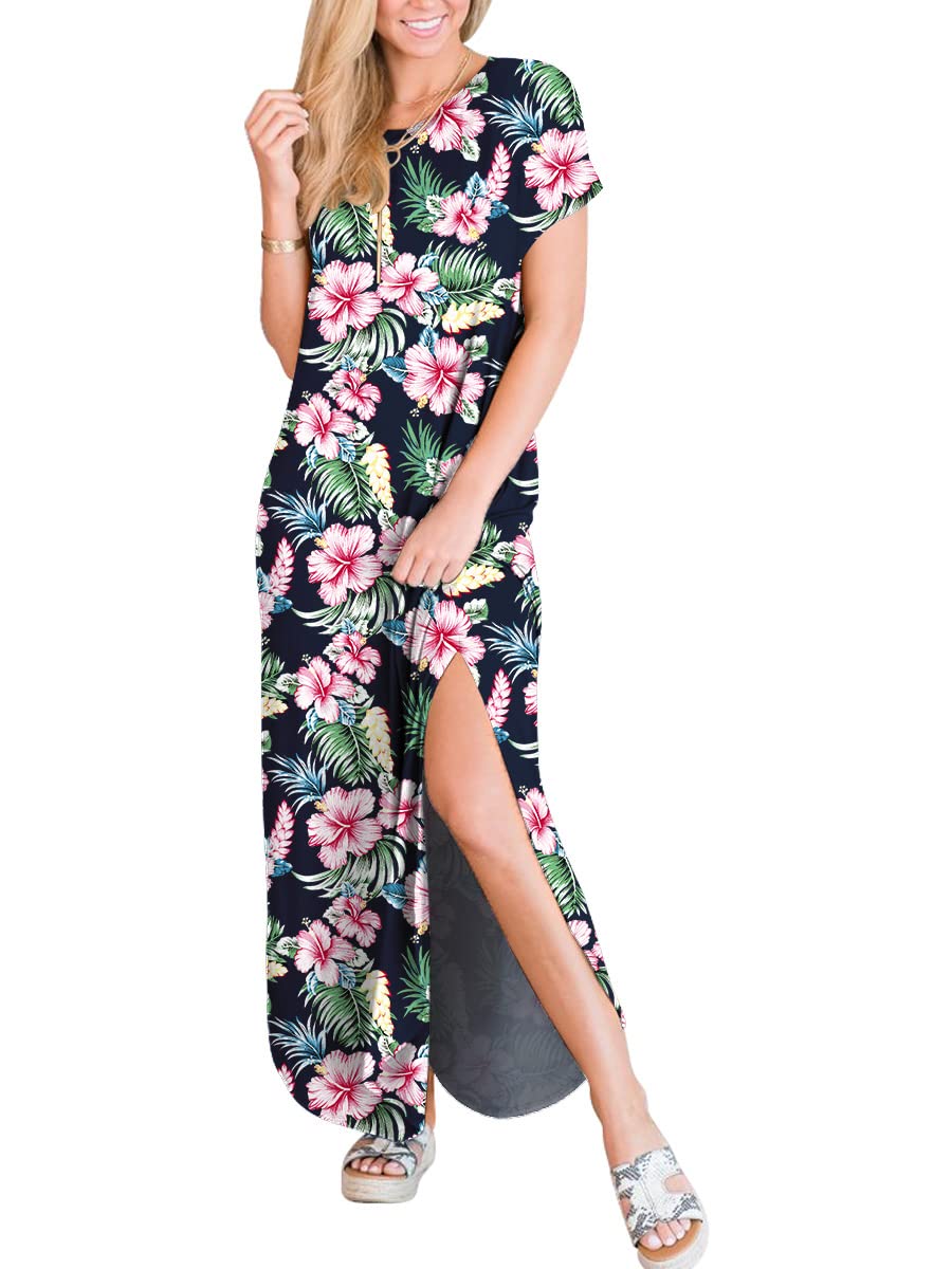 ANRABESS Women's Summer Casual Loose Short Sleeve Long T Shirt Dress Split Maxi Beach Sundress Travel Vacation Outfits Floral Print Medium