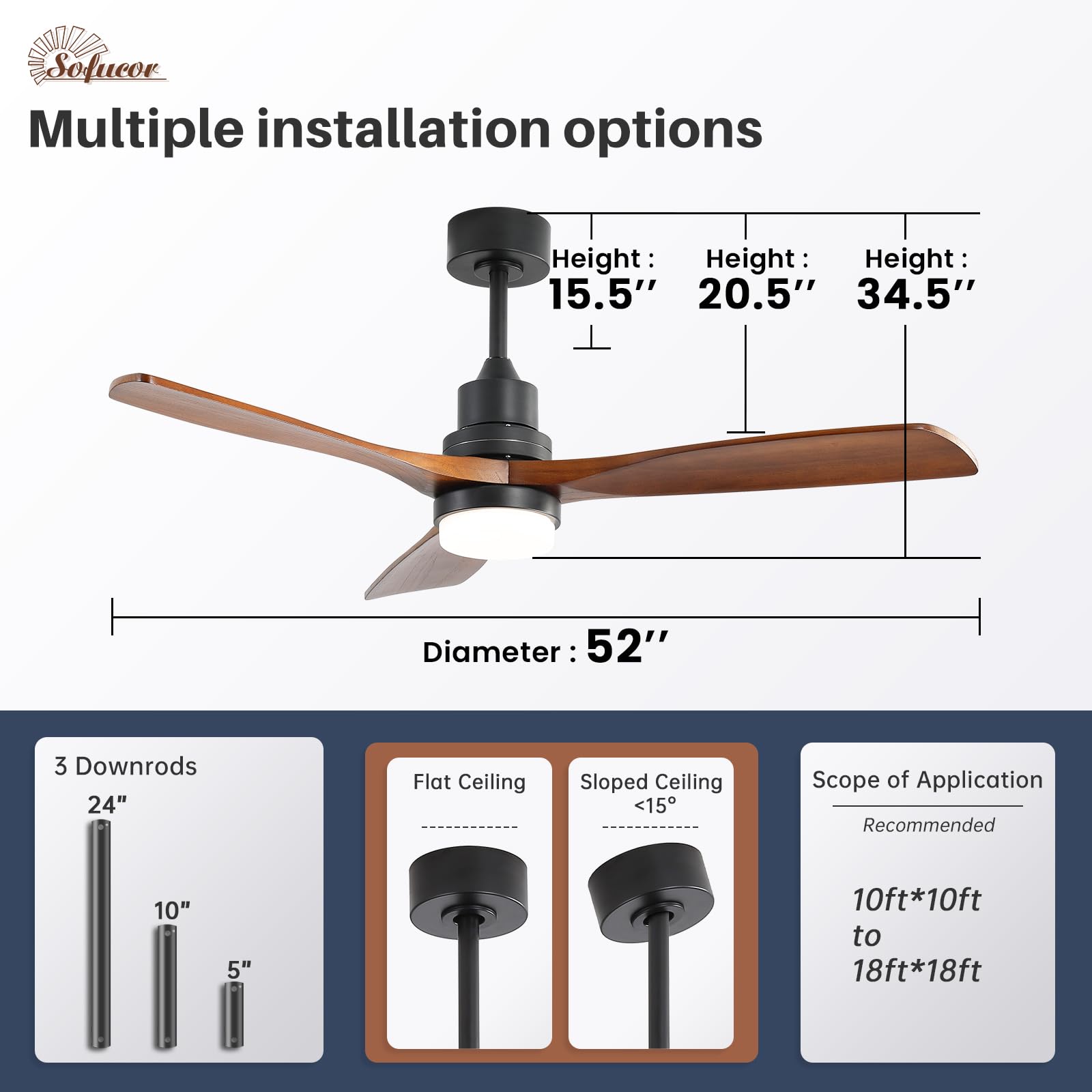 Sofucor 52 inch Solid Wood Ceiling Fan with Lights and Remote, Low Profile Brown Black Ceiling Fan with 3 Downrod, Outdoor Indoor Modern 3 Blade Ceiling Fan for Living Room Bedroom Farmhouse Patio