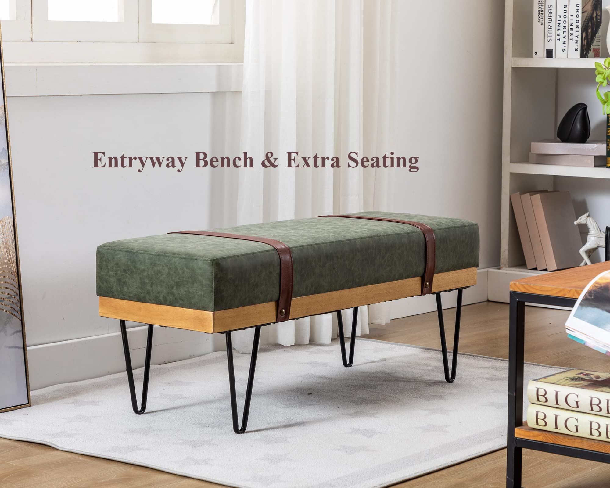 DUOMAY Industrial Modern PU Rectangle Ottoman Bench with PU Strap and Metal Legs, Mid Century Dining Table Bench Footstool Entryway Shoe Bench for Bedroom Dining Room Living Room, Green