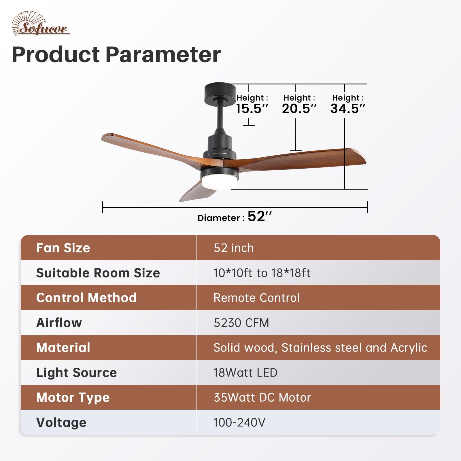 Sofucor 52 inch Solid Wood Ceiling Fan with Lights and Remote, Low Profile Brown Black Ceiling Fan with 3 Downrod, Outdoor Indoor Modern 3 Blade Ceiling Fan for Living Room Bedroom Farmhouse Patio