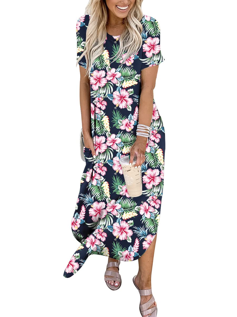 ANRABESS Women's Summer Casual Loose Short Sleeve Long T Shirt Dress Split Maxi Beach Sundress Travel Vacation Outfits Floral Print Medium
