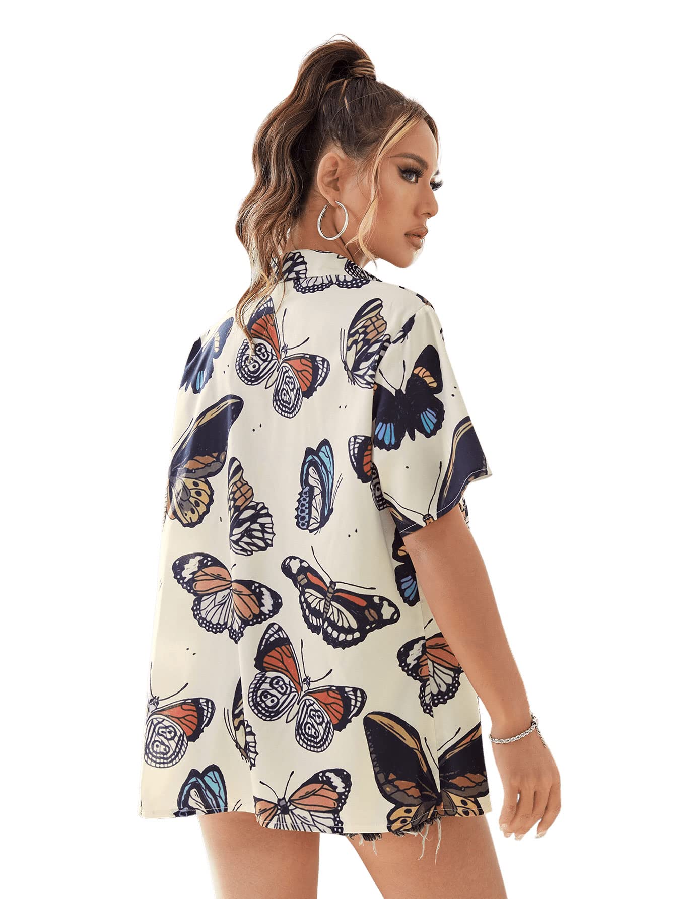 SweatyRocks Women's Short Sleeve Cute Print Button Down Shirt Tops Butterfly Beige L