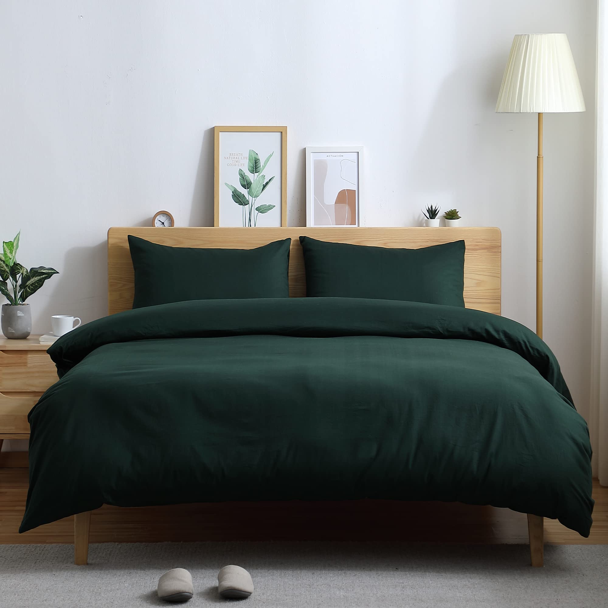 ATsense Duvet Cover Queen Size, 100% Cotton Linen Feel Super Soft Comfortable, 3-Piece Dark Green Duvet Cover Bedding Set, Durable and Easy Care, Simple Style Farmhouse Comforter Cover
