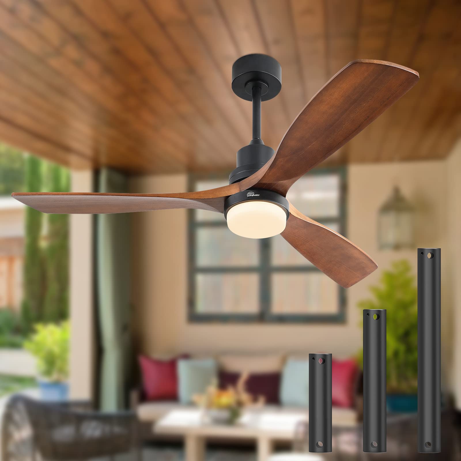 Sofucor 52 inch Solid Wood Ceiling Fan with Lights and Remote, Low Profile Brown Black Ceiling Fan with 3 Downrod, Outdoor Indoor Modern 3 Blade Ceiling Fan for Living Room Bedroom Farmhouse Patio