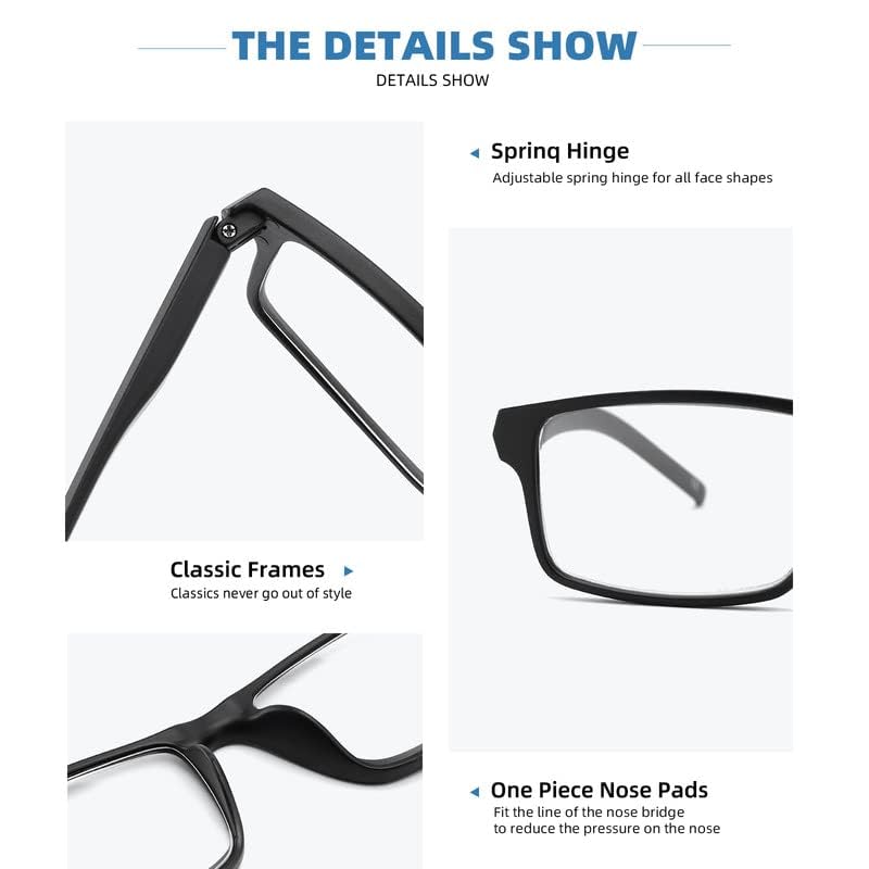 JAWSOCK 4 Pack Reading Glasses Blue Light Blocking for Men Women,Rectangular Frame Computer Readers with Spring Hinge,Anti Eyestrain/UV Ray Eyeglasses (1.0x)