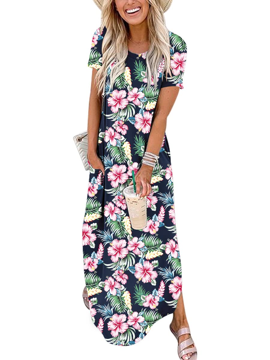 ANRABESS Women's Summer Casual Loose Short Sleeve Long T Shirt Dress Split Maxi Beach Sundress Travel Vacation Outfits Floral Print Medium