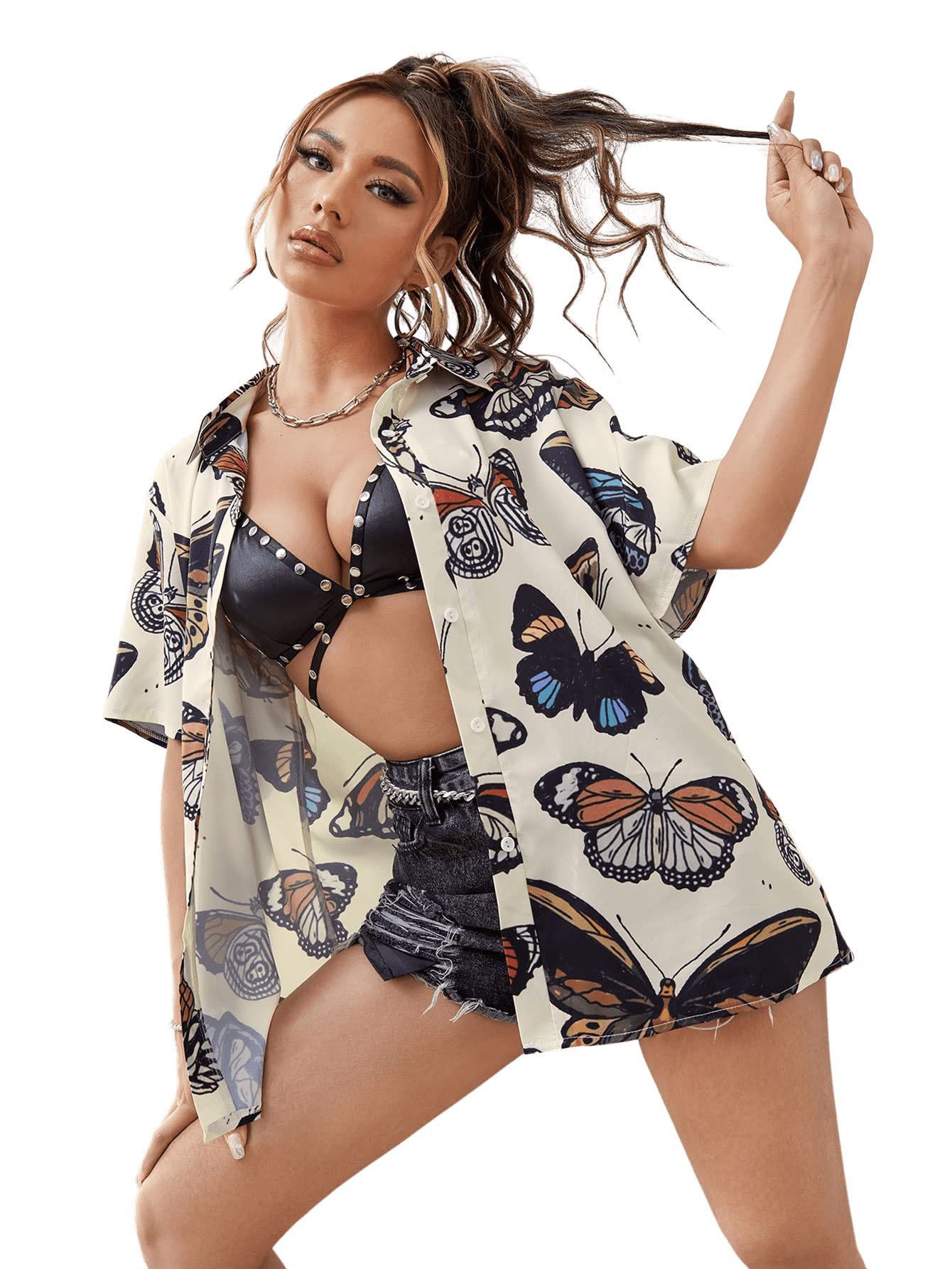 SweatyRocks Women's Short Sleeve Cute Print Button Down Shirt Tops Butterfly Beige L