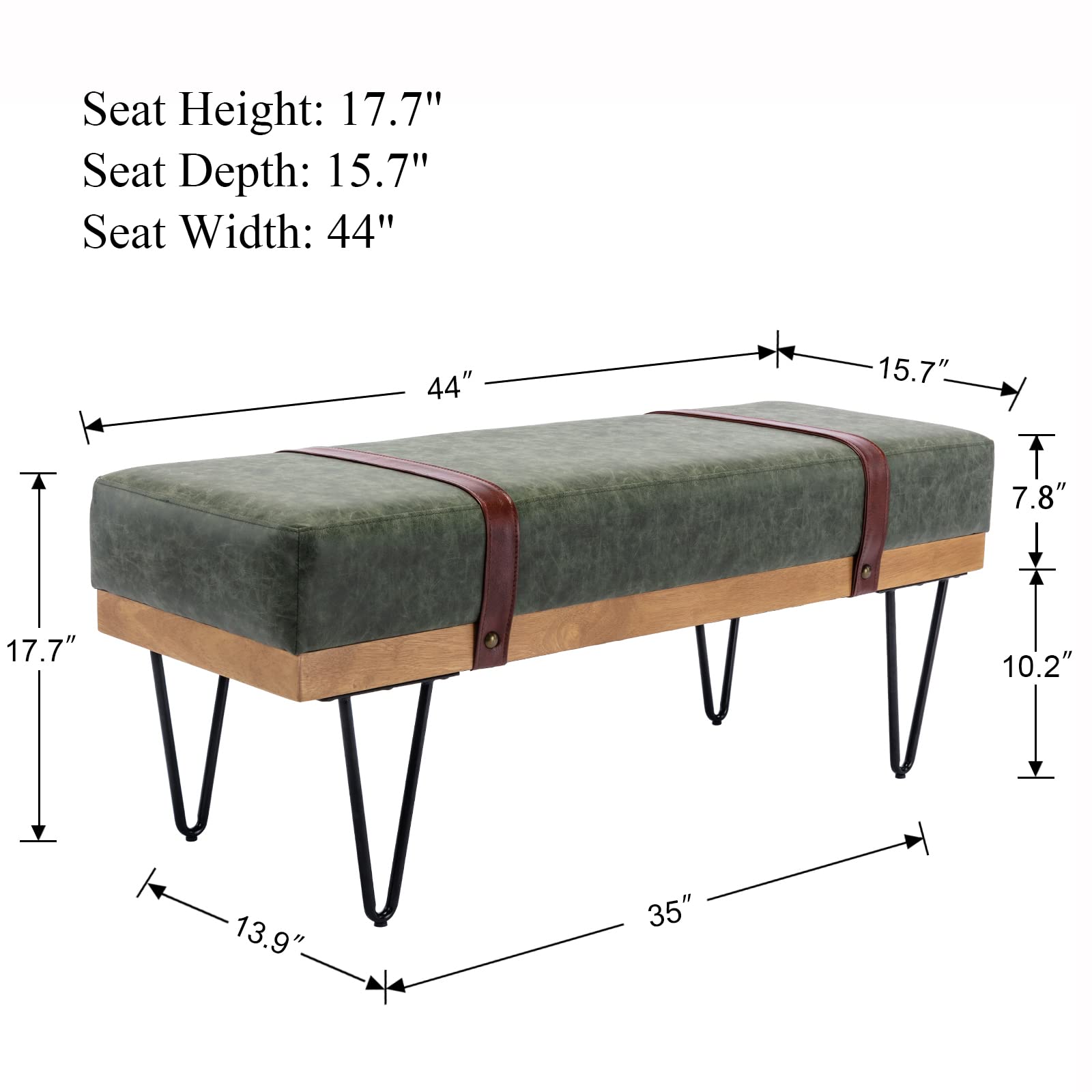 DUOMAY Industrial Modern PU Rectangle Ottoman Bench with PU Strap and Metal Legs, Mid Century Dining Table Bench Footstool Entryway Shoe Bench for Bedroom Dining Room Living Room, Green